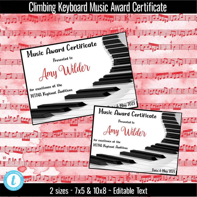 CLIMBING KEYBOARD MUSIC Award Certificate Features Piano Keys-editable ...