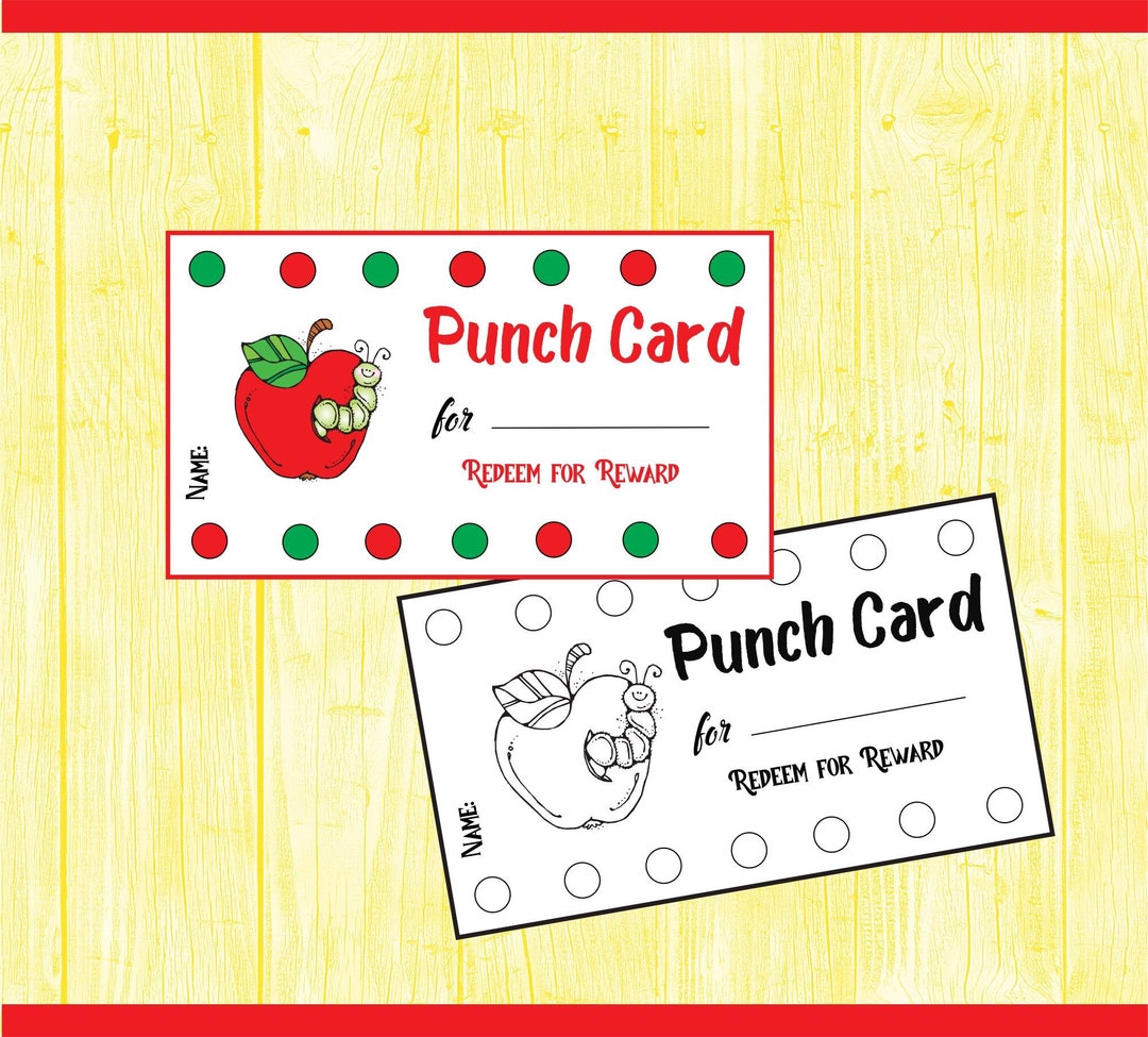 PUNCH Card Templates With Cute Apple and Worm-color- Black & White ...