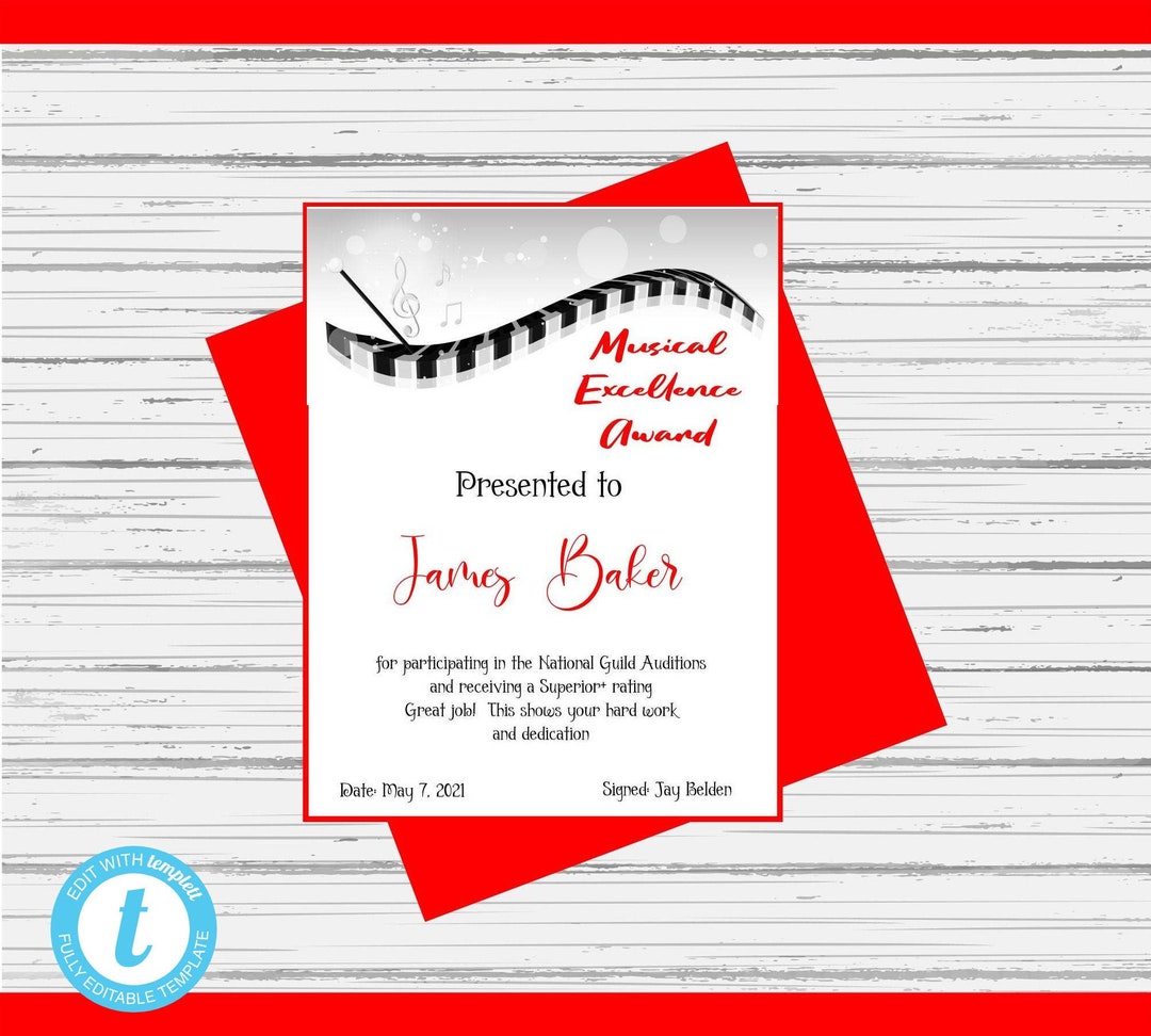 Music Award Certificate With Wavy Piano Keyboard to Recognize the ...