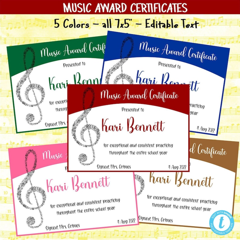 TREBLE CLEF MUSIC Award Certificate-unique Clef Sign Highlights This ...