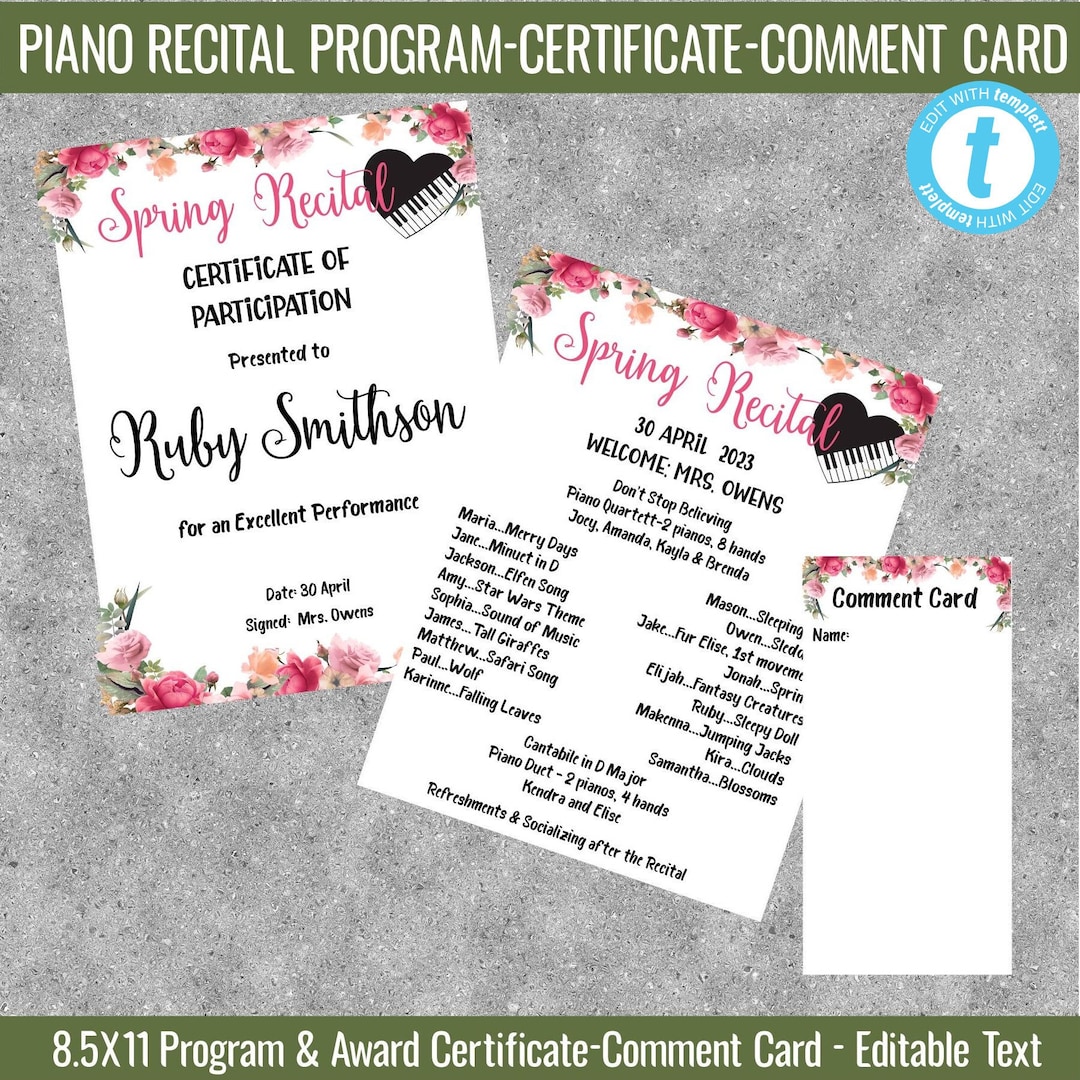 RECITAL PROGRAM-AWARD Certificate-comment Card With a Heart Shaped ...