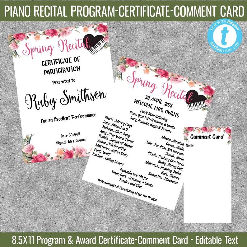RECITAL PROGRAM-AWARD Certificate-comment Card With a - Etsy