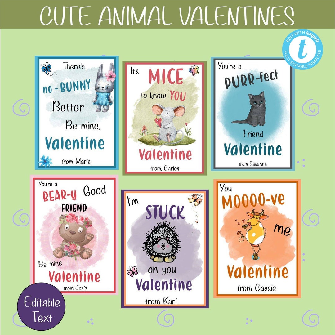 6 CUTE ANIMAL Valentine Card Templates-valentines Day Card for Kids ...