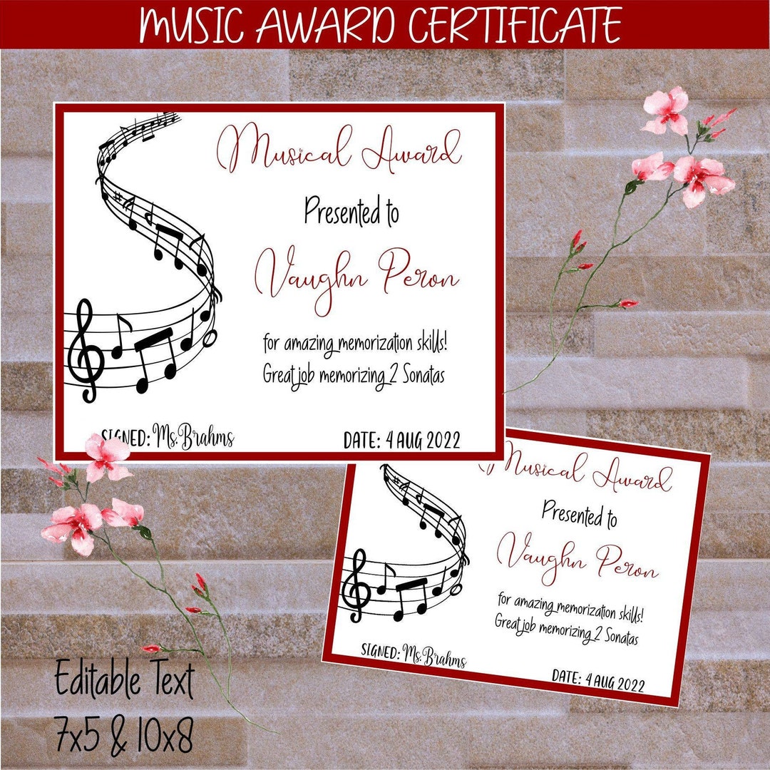 MUSIC AWARD CERTIFICATE With a Winding Treble Staff-editable Text in ...
