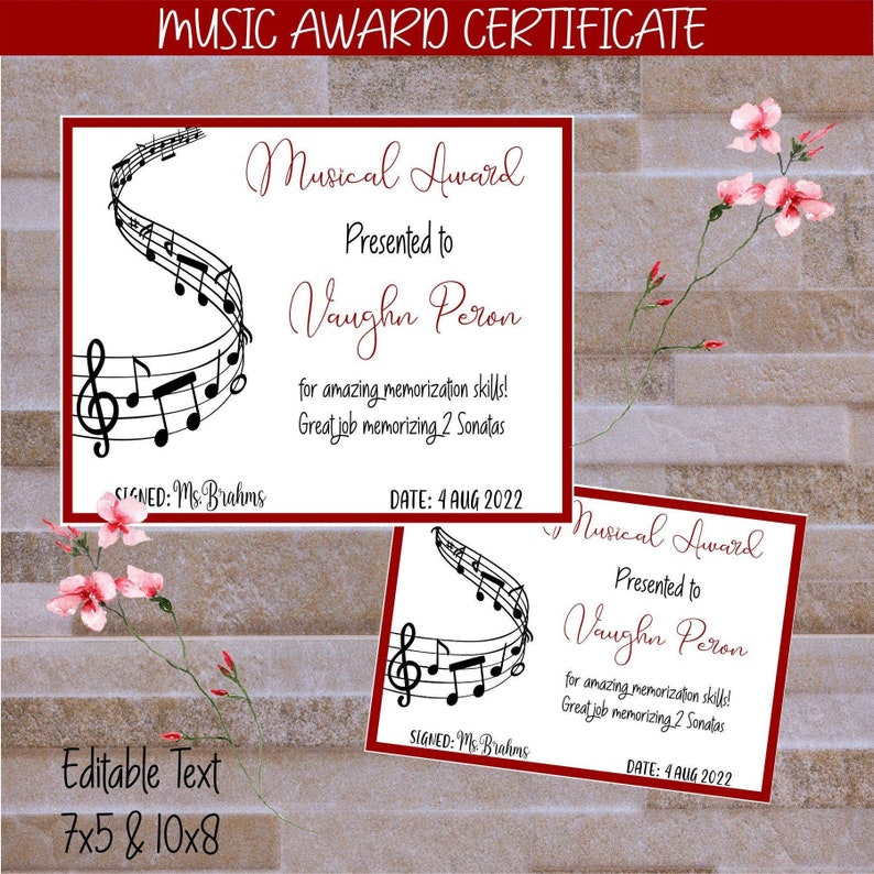 MUSIC AWARD CERTIFICATE With a Winding Treble Staff-editable Text in ...