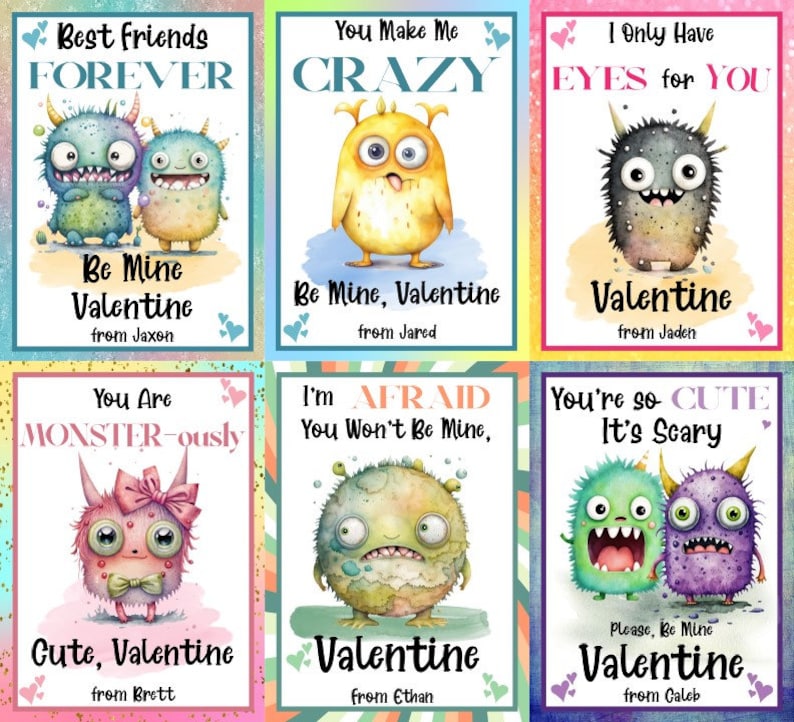 Monster Valentine Cards, Editable Kids Valentines (digital or Printable ...