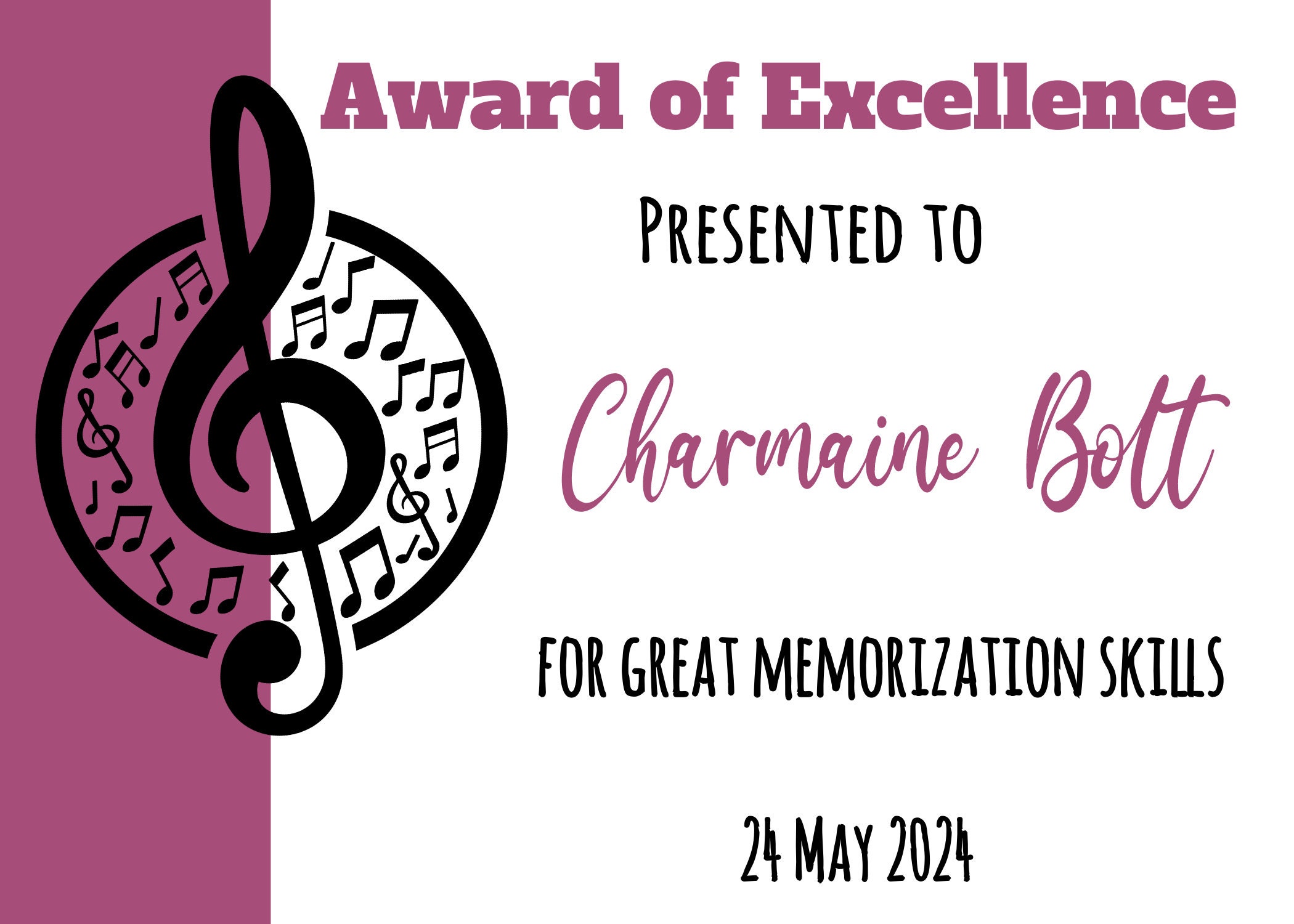 MUSIC AWARD Certificate-completely Editable-change All Colors and Text ...