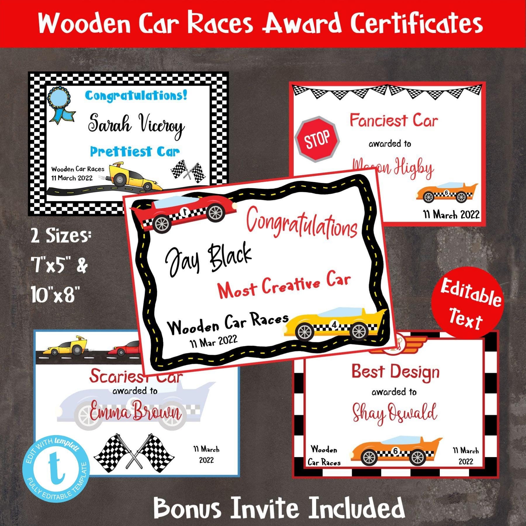 WOODEN CAR RACE Award Certificates-5 Different Designs-use All or One ...