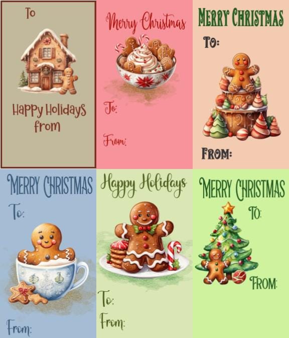 GINGERBREAD CHRISTMAS Gift Tags-cute Gingerbread Men-6 Designs-instant ...