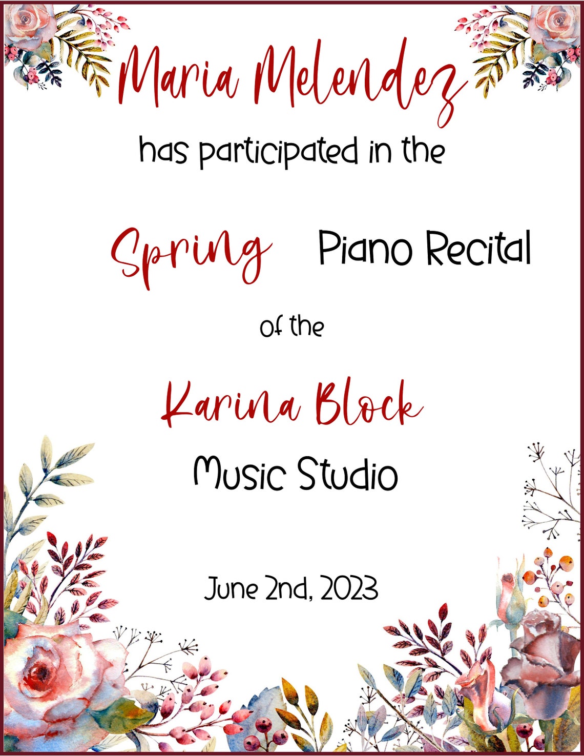 RECITAL Program-award Certificate-comment Card Template-editable Text ...