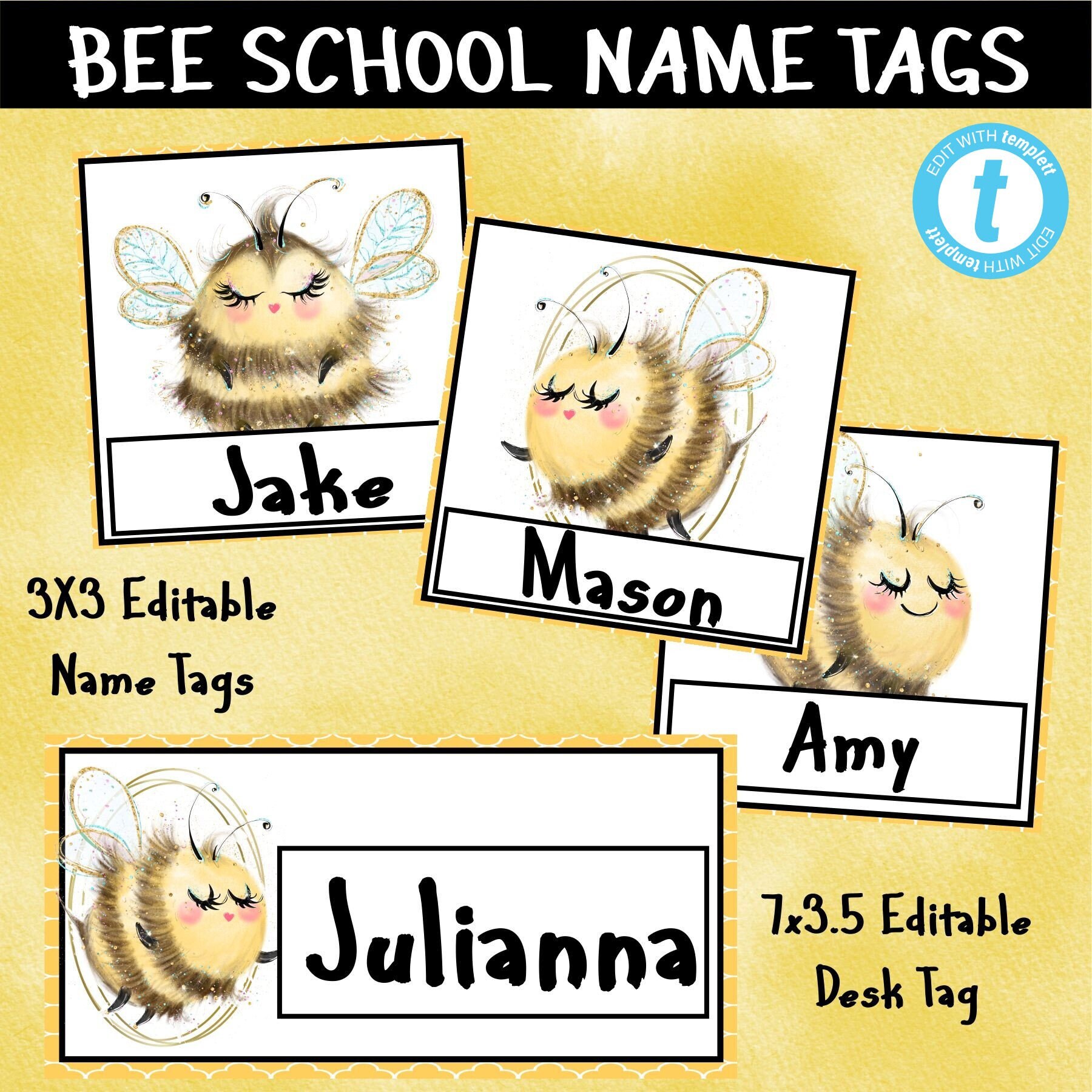 BEE NAME TAGS for School-church-preschool-3 Styles1 Desk Tag-editable ...