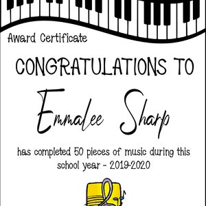 Music-piano Award Certificate Template-personalize for Each Student ...