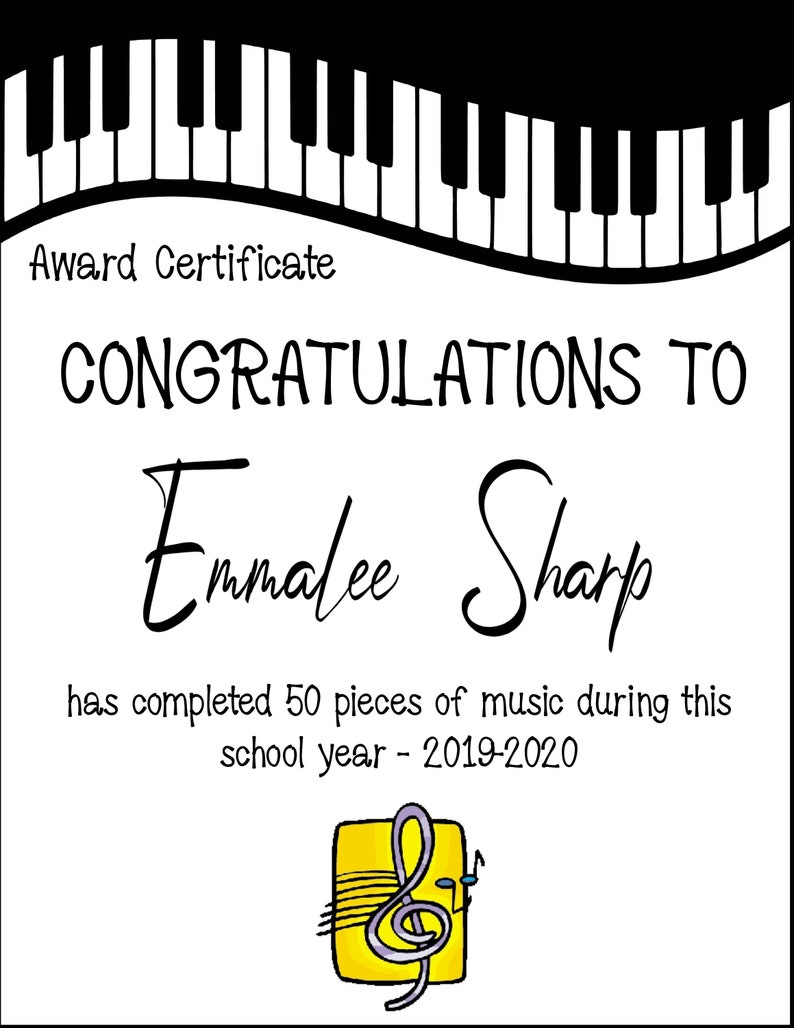 Music-piano Award Certificate Template-personalize for Each Student ...