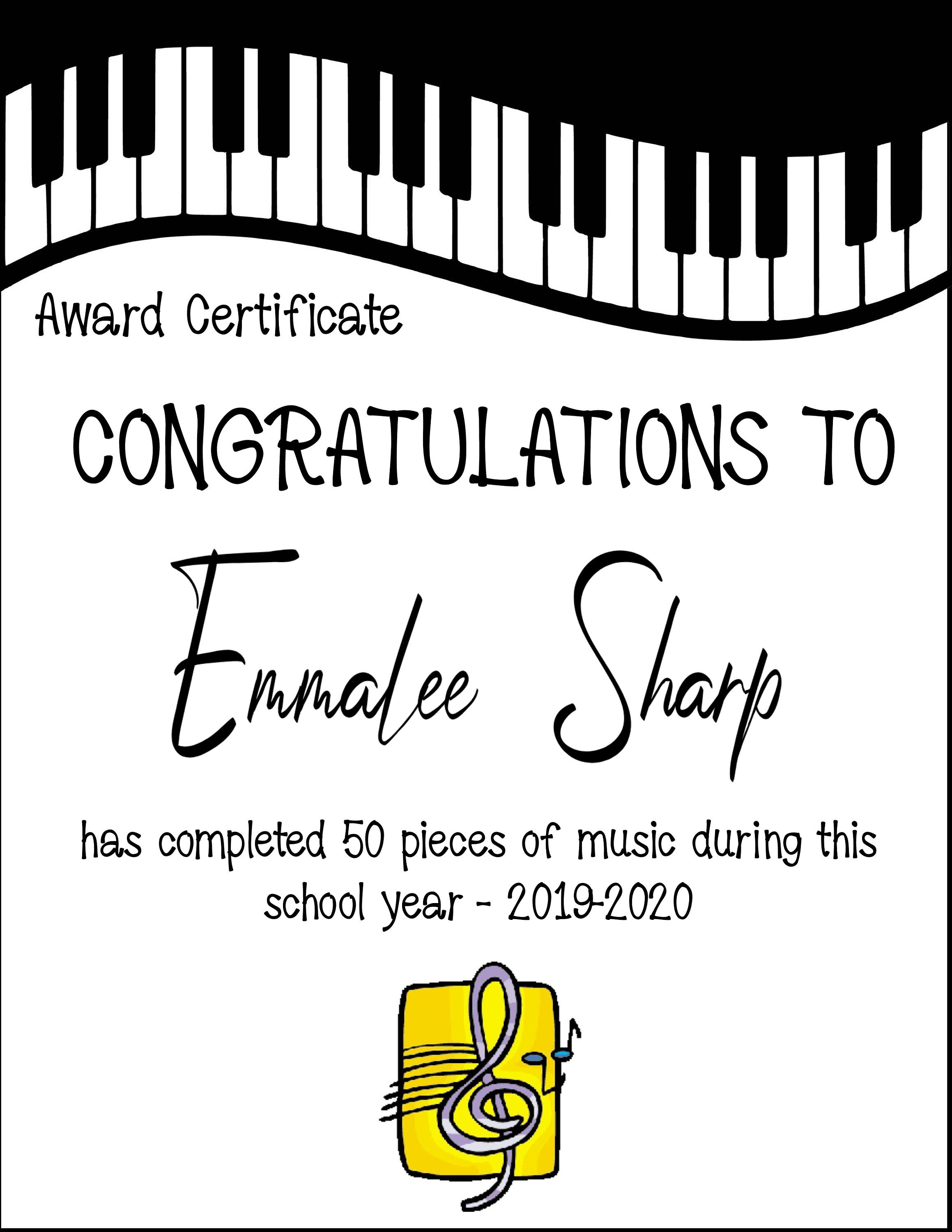 Music-piano Award Certificate Template-personalize for Each Student ...