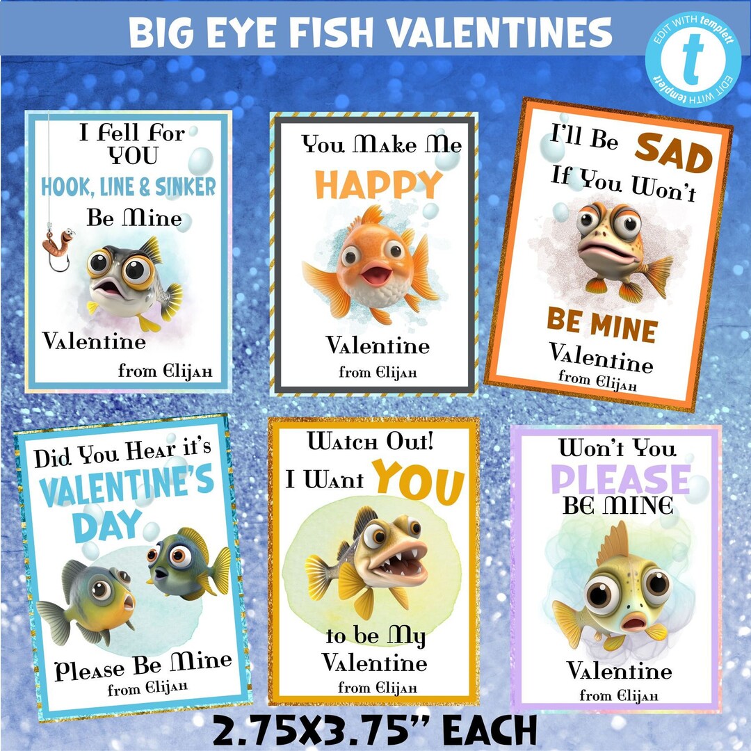 Big Eye Fish Valentine Templates-fun Settings and Cute Fish-set of 6 ...