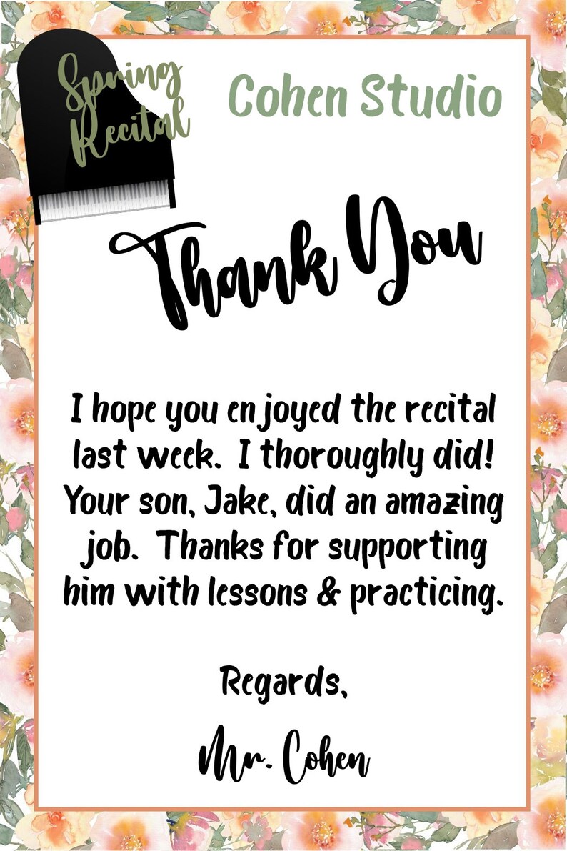 RECITAL Invitation-spring Piano-invite and Thank You Card-pretty and ...