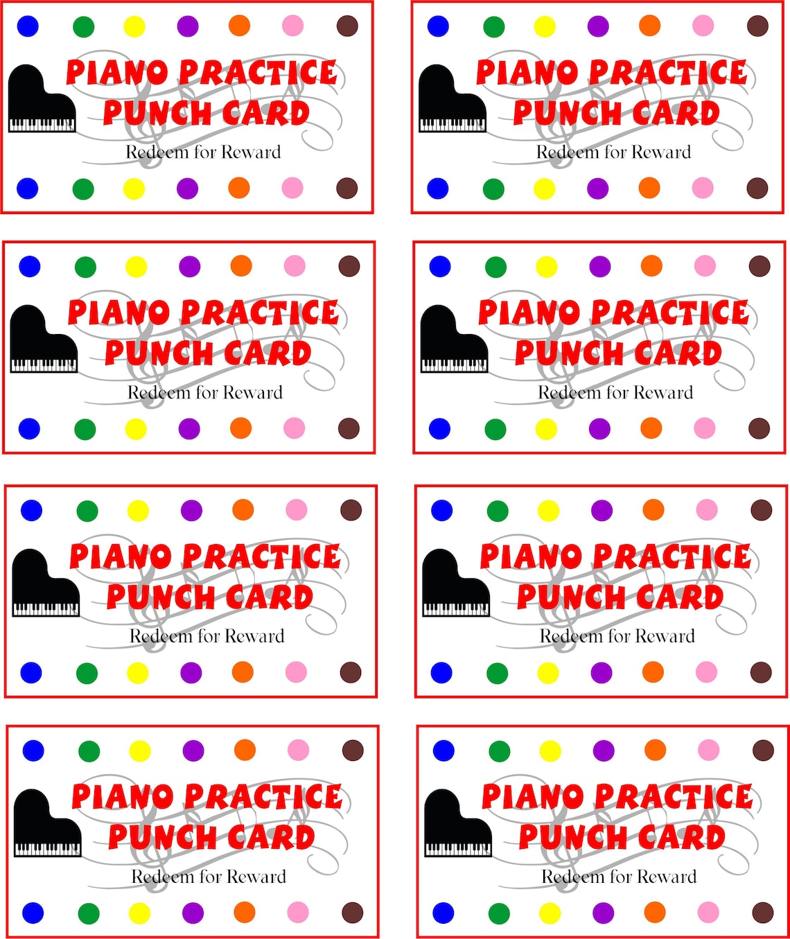 Piano Practice Punch Cards: Student Incentive, Color & B/W (instant ...
