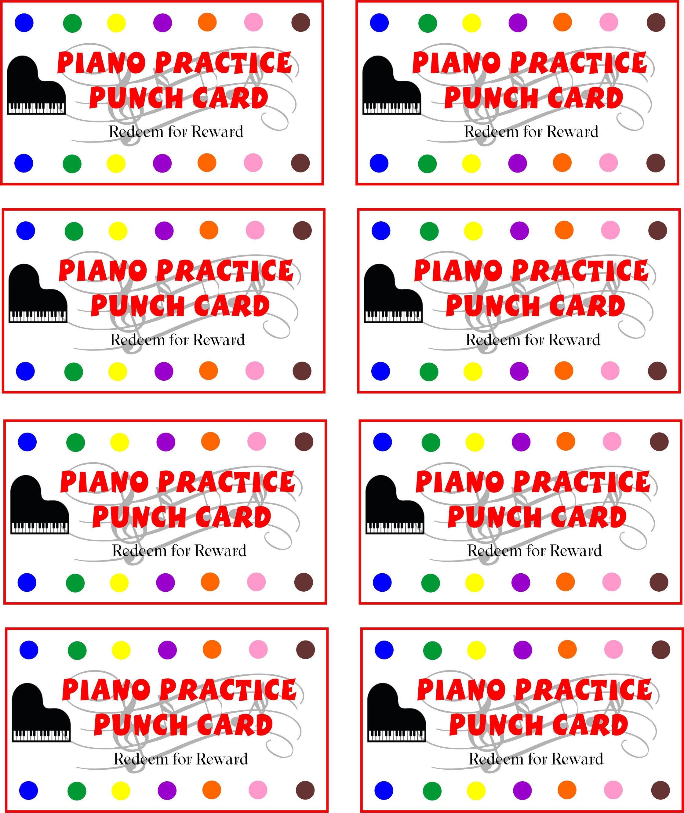 Piano Practice Punch Cards: Student Incentive, Color & B/W (instant ...