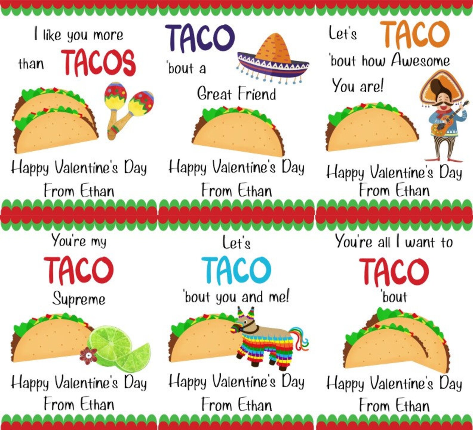 TACO VALENTINE CARDS Template-6 Different Designs-editable Text-2.75x3 ...