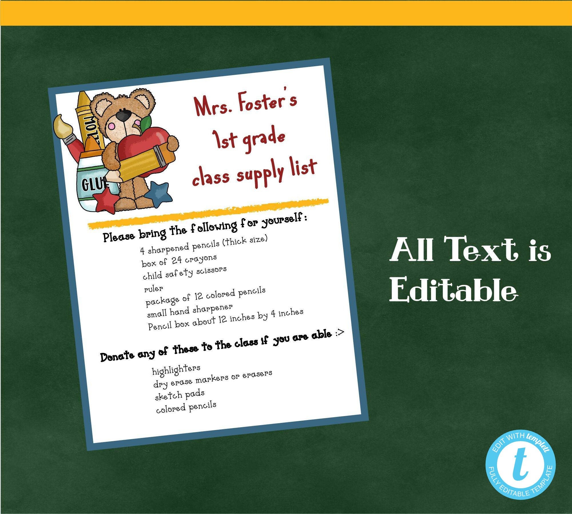 School Classroom Supply List for Teachers cute Bear Template Helps ...