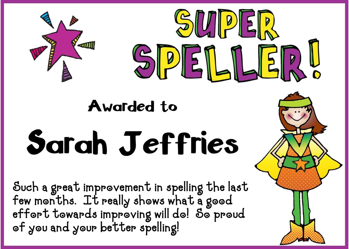 Cute Super Speller Student Award Certificate-personalize in - Etsy