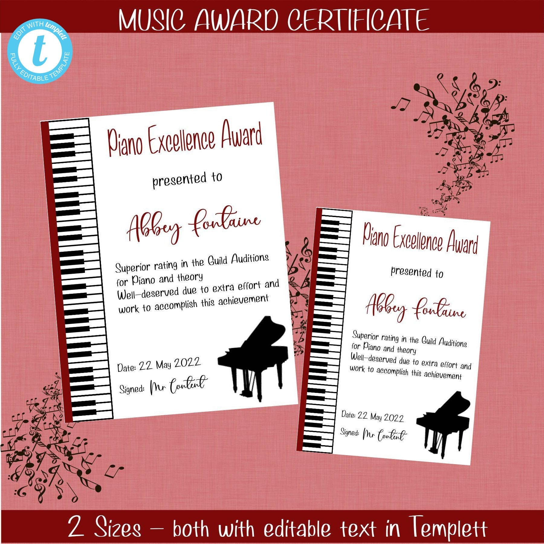 PIANO SILHOUETTE Music Award Certificate With Vertical Piano Keyboard ...