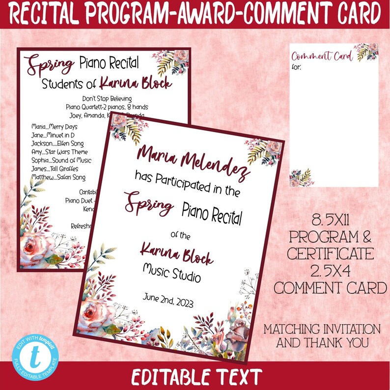 RECITAL Program-award Certificate-comment Card Template-editable Text ...