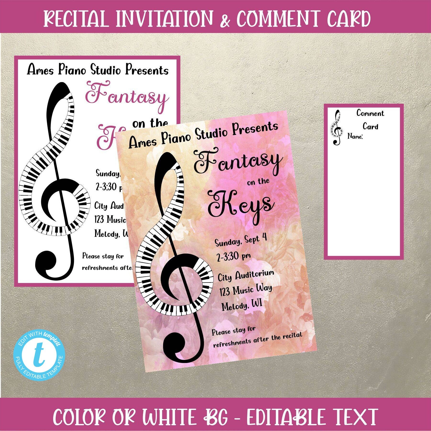 RECITAL INVITATION and Comment Card-piano Key Treble Clef With Pretty ...
