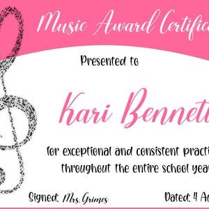 TREBLE CLEF MUSIC Award Certificate-unique Clef Sign Highlights This ...