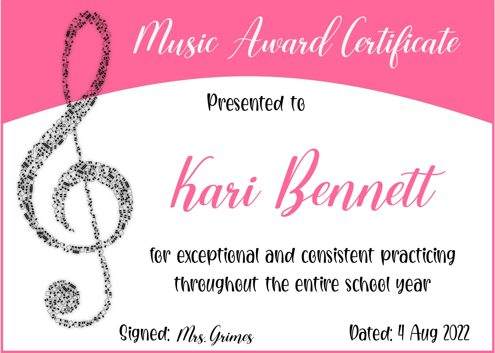 TREBLE CLEF MUSIC Award Certificate-unique Clef Sign Highlights This ...