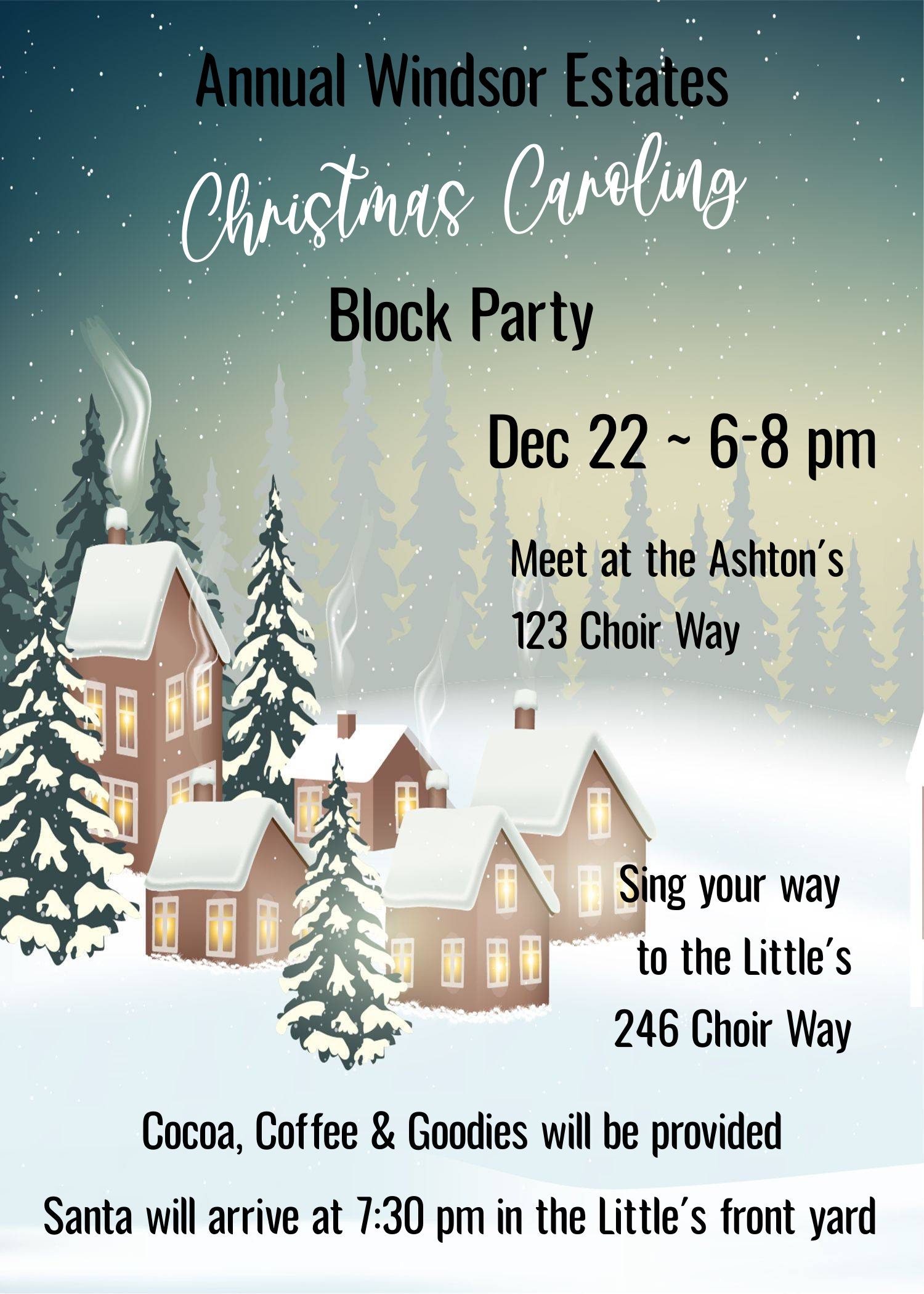 CHRISTMAS CAROLING Flyer-soft Muted Tones-snow-trees and a Village of ...