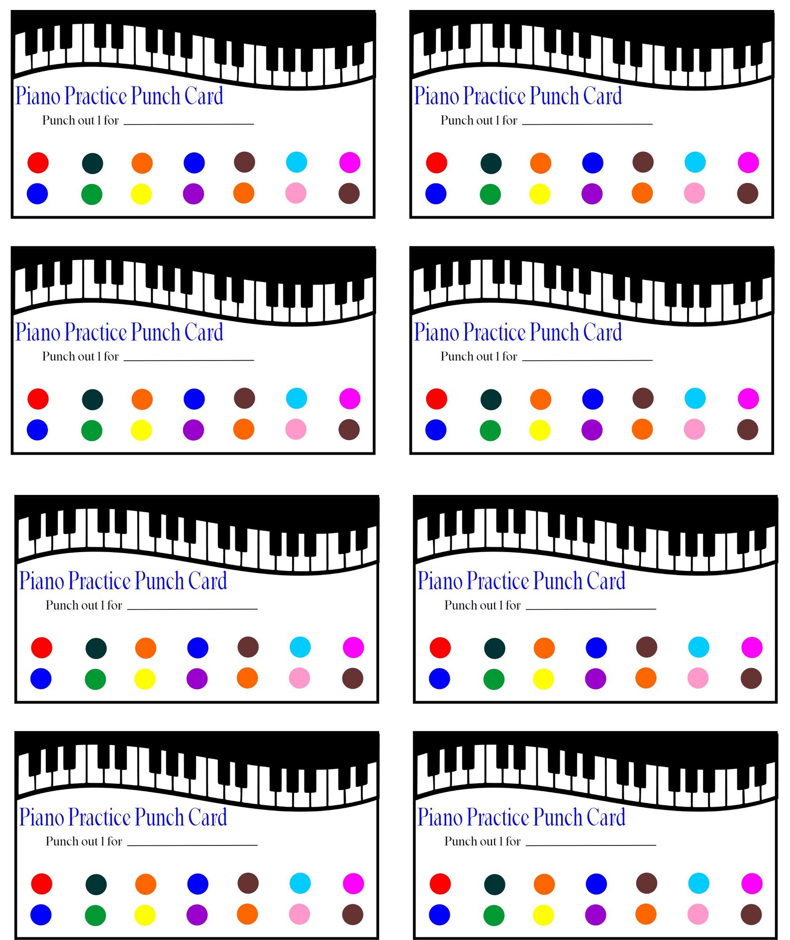 PIANO PRACTICE PUNCH Cards-color and Black & White-great Incentive for ...