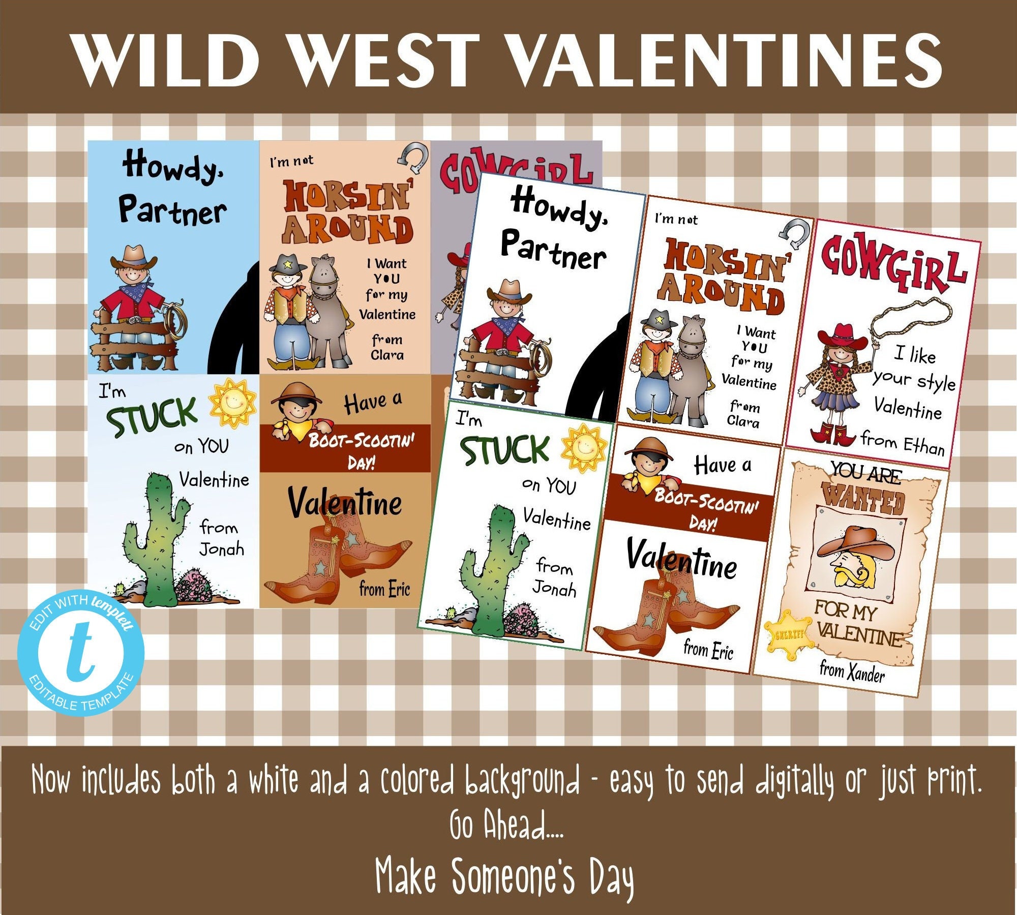 WILD WEST VALENTINE Templates-6 different editable valentines - Etsy.de