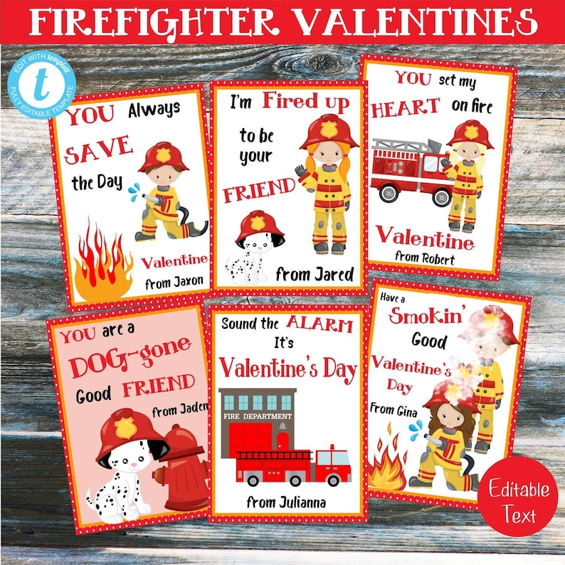 6 FIREFIGHTER VALENTINE Card Templates-fireman Valentine - Etsy