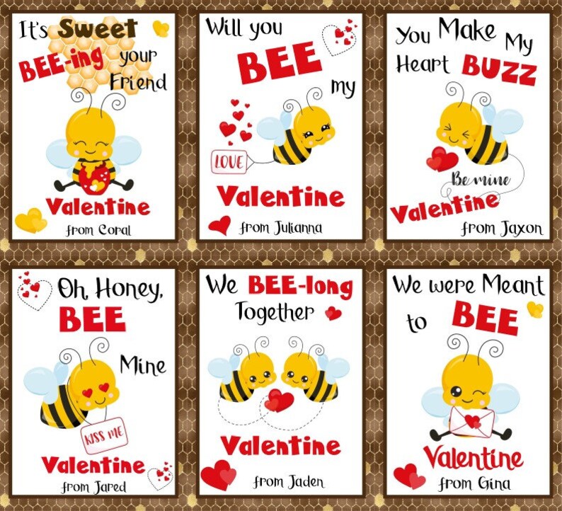BEE VALENTINE CARD Templates for Kids-cute Bees-6 Different Designs-all ...