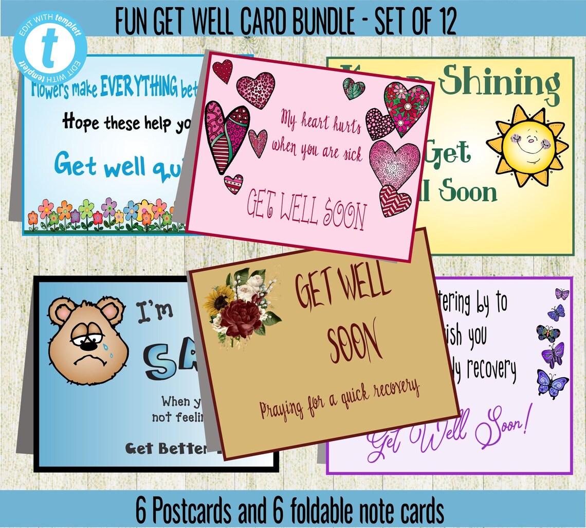 FUN GET WELL Card Bundle-12 Templates With Editable - Etsy
