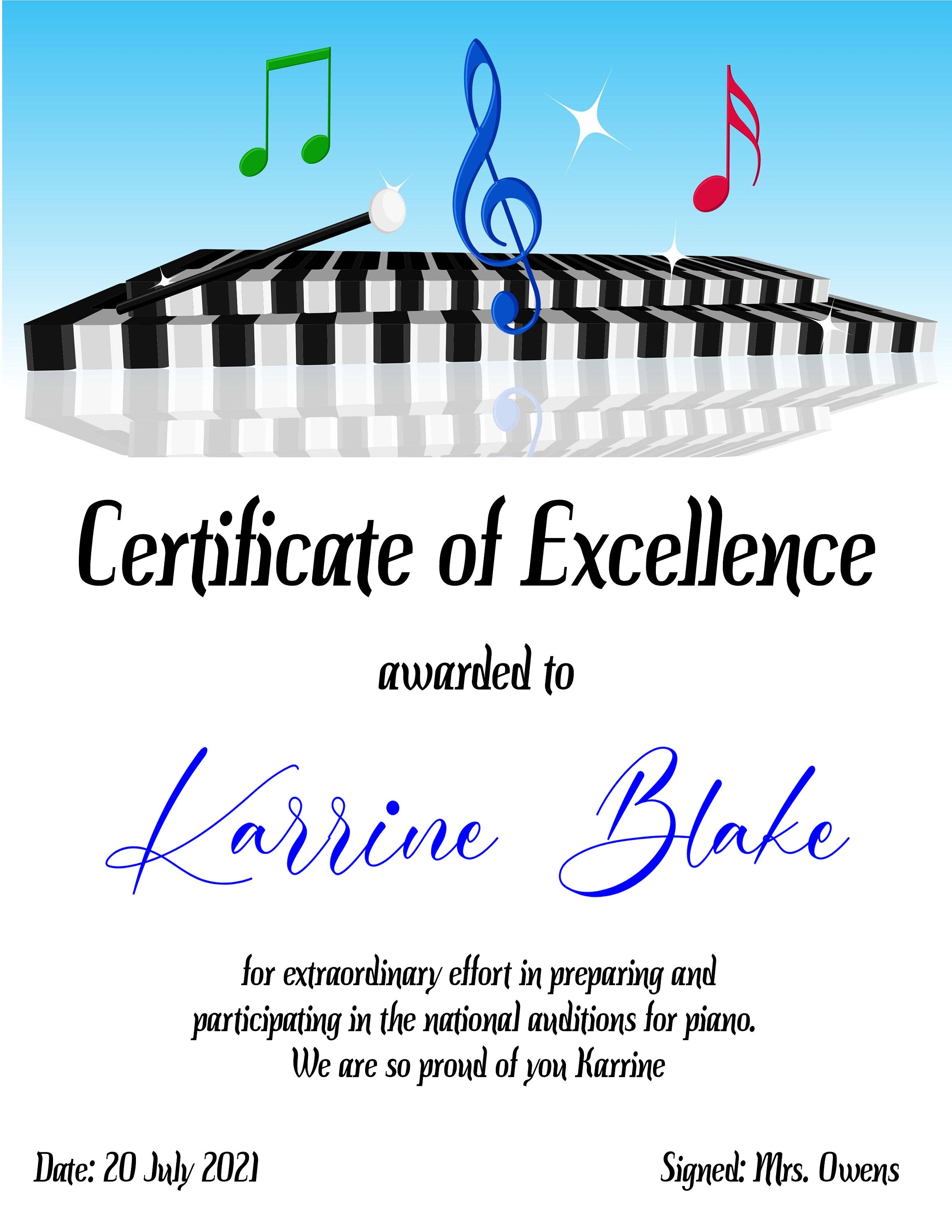 Music Award Certificate-editable Template for Recognition of Great Work ...