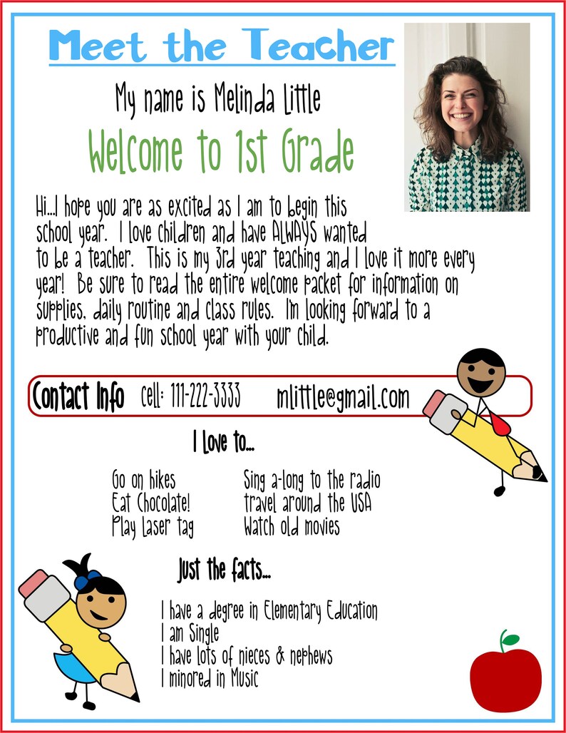 Meet the Teacher Page With Pencil Kids Theme Along With a Cute E ...