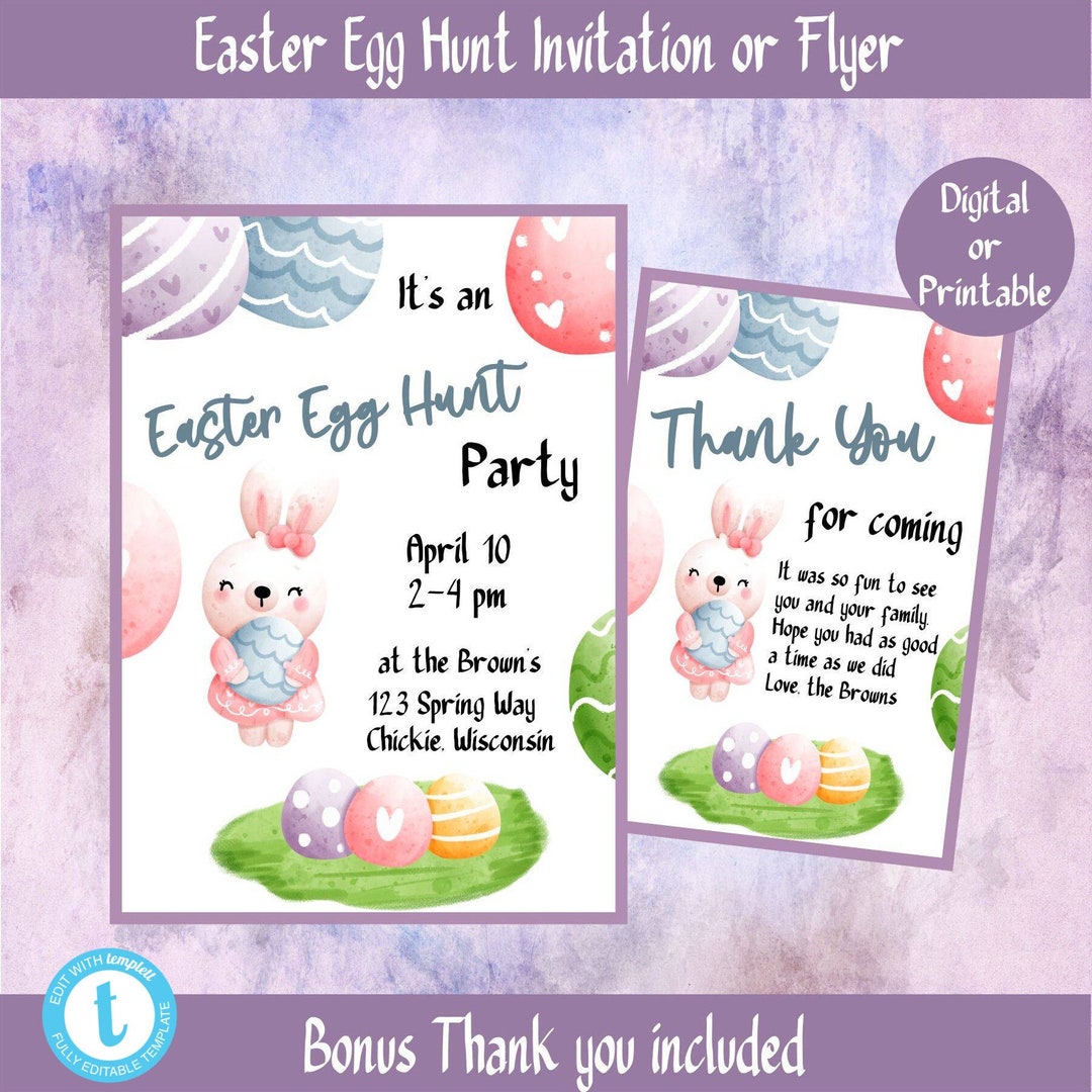 EASTER EGG HUNT Party Invitation or Flyer-cute Bunny With Pastel Pretty ...