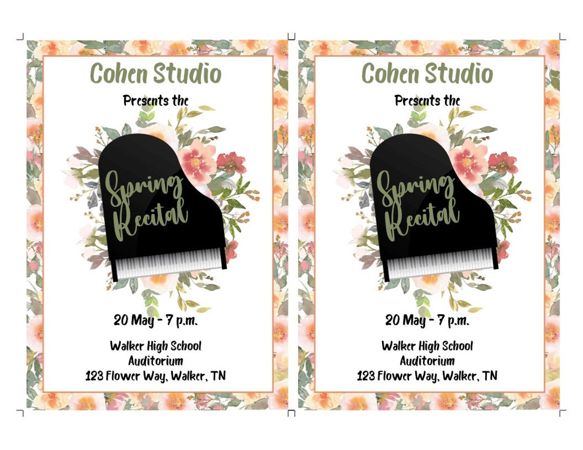 RECITAL Invitation-spring Piano-invite and Thank You Card-pretty and ...