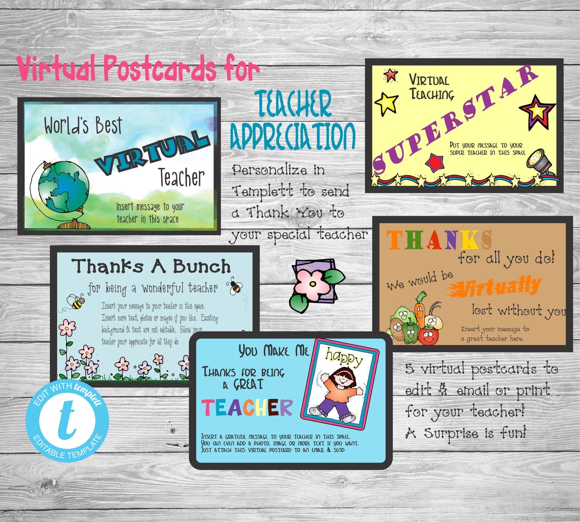 Virtual Postcards for Teacher Appreciation-5 Editable | Etsy
