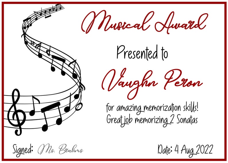 MUSIC AWARD CERTIFICATE With a Winding Treble Staff-editable Text in ...