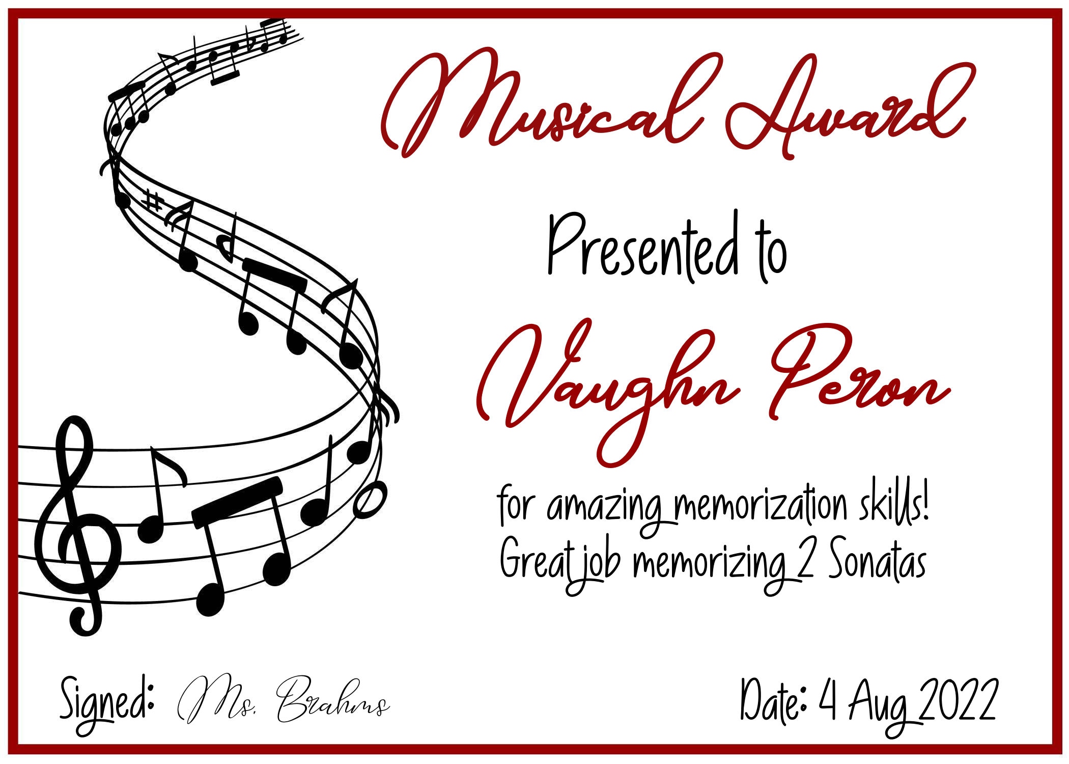 MUSIC AWARD CERTIFICATE With a Winding Treble Staff-editable Text in ...