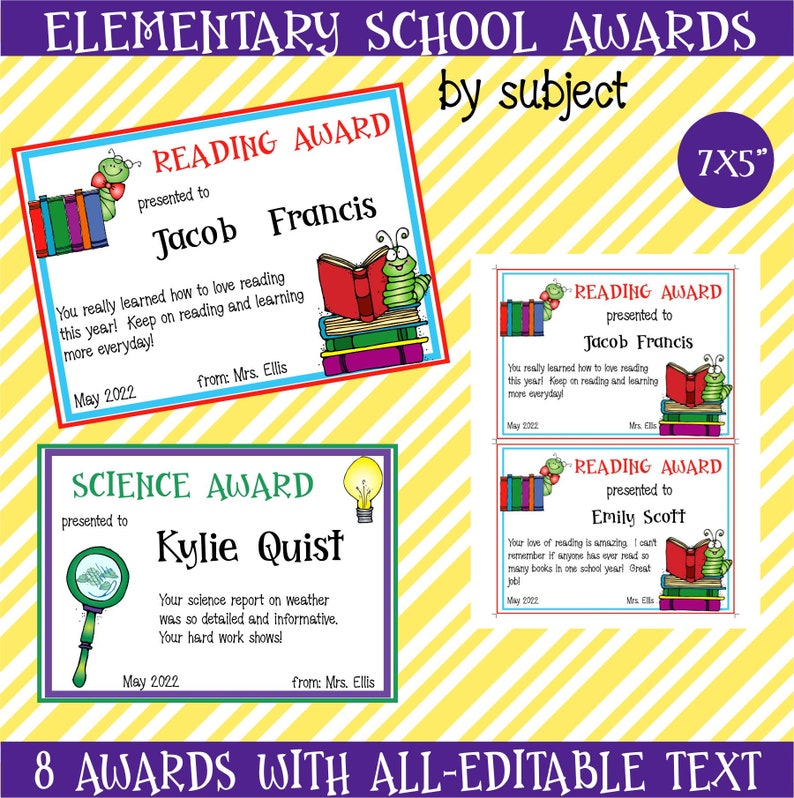 SCHOOL AWARD CERTIFICATES-8 Different Subjects-all 7x5-editable Text ...