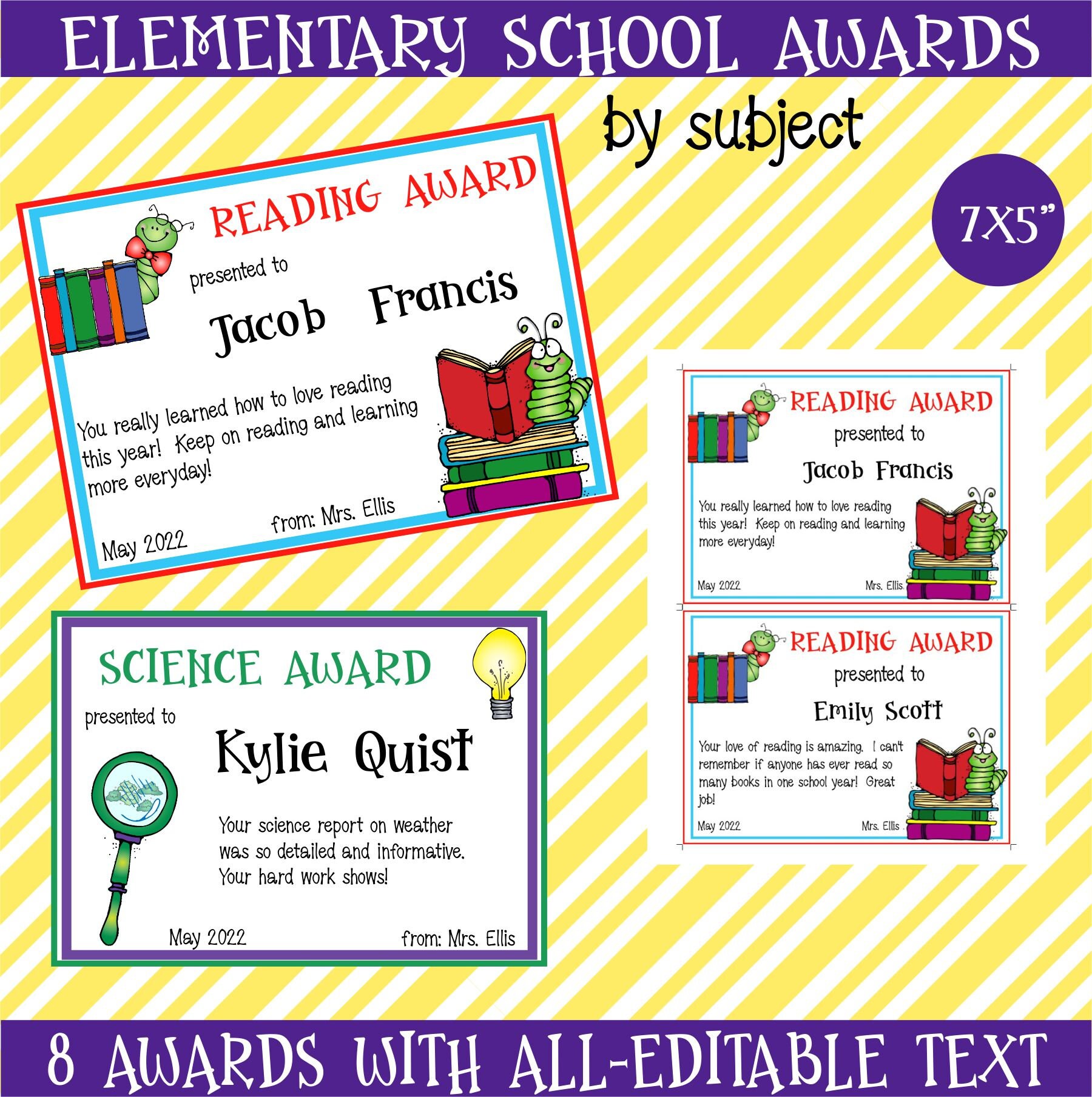 SCHOOL AWARD CERTIFICATES-8 Different Subjects-all 7x5-editable Text ...