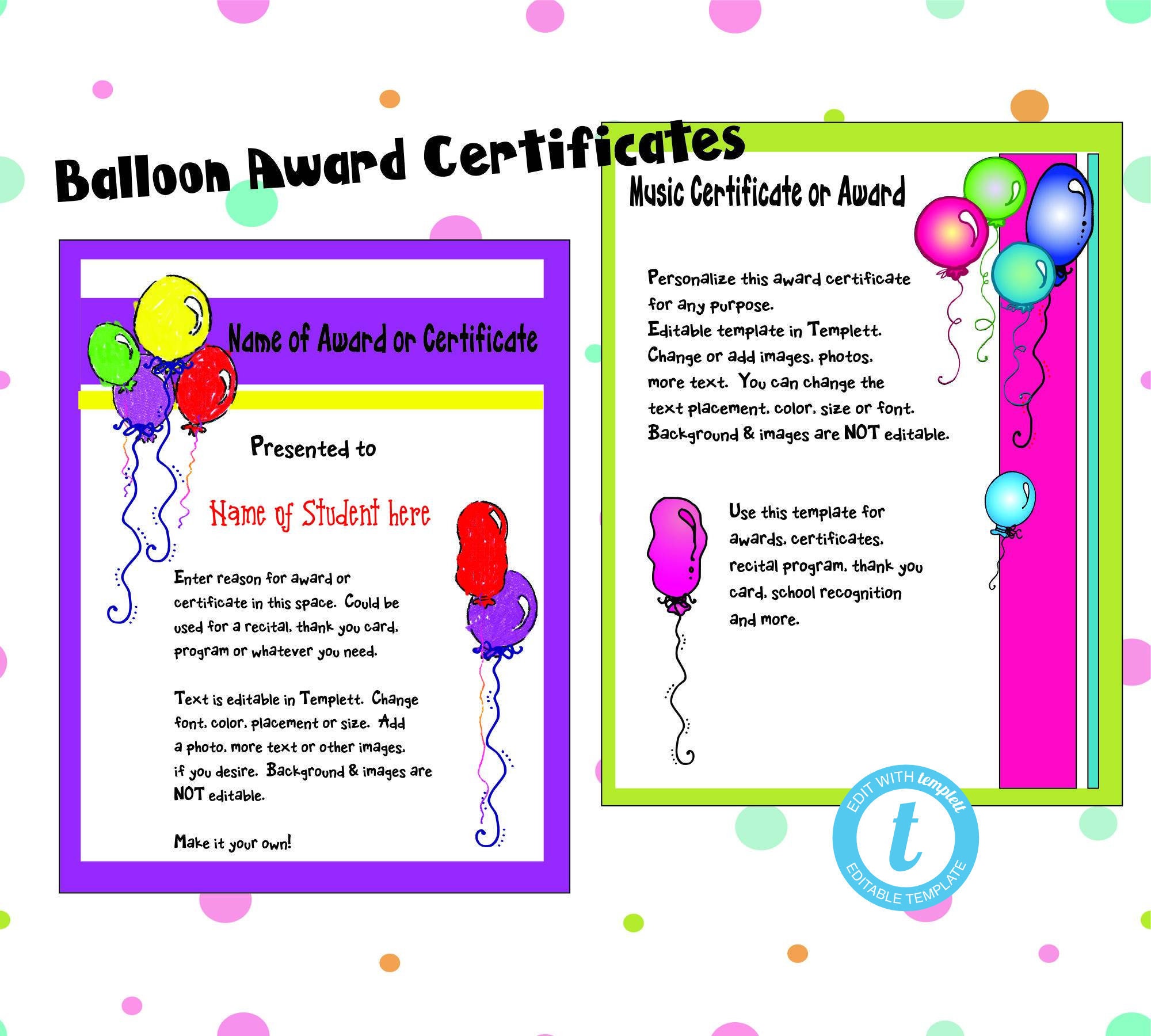 Balloon themed Award Certificates-Music-School-Home-All text | Etsy