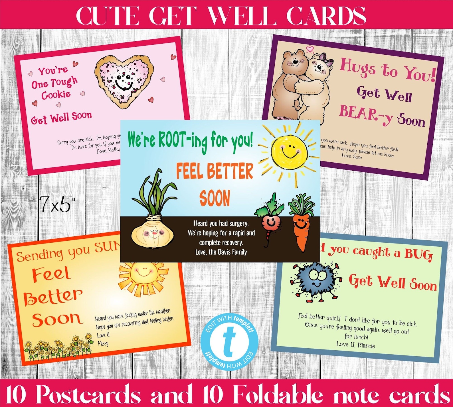 20 Cute GET WELL CARD Templates-foldable Notecard-postcard-editable ...