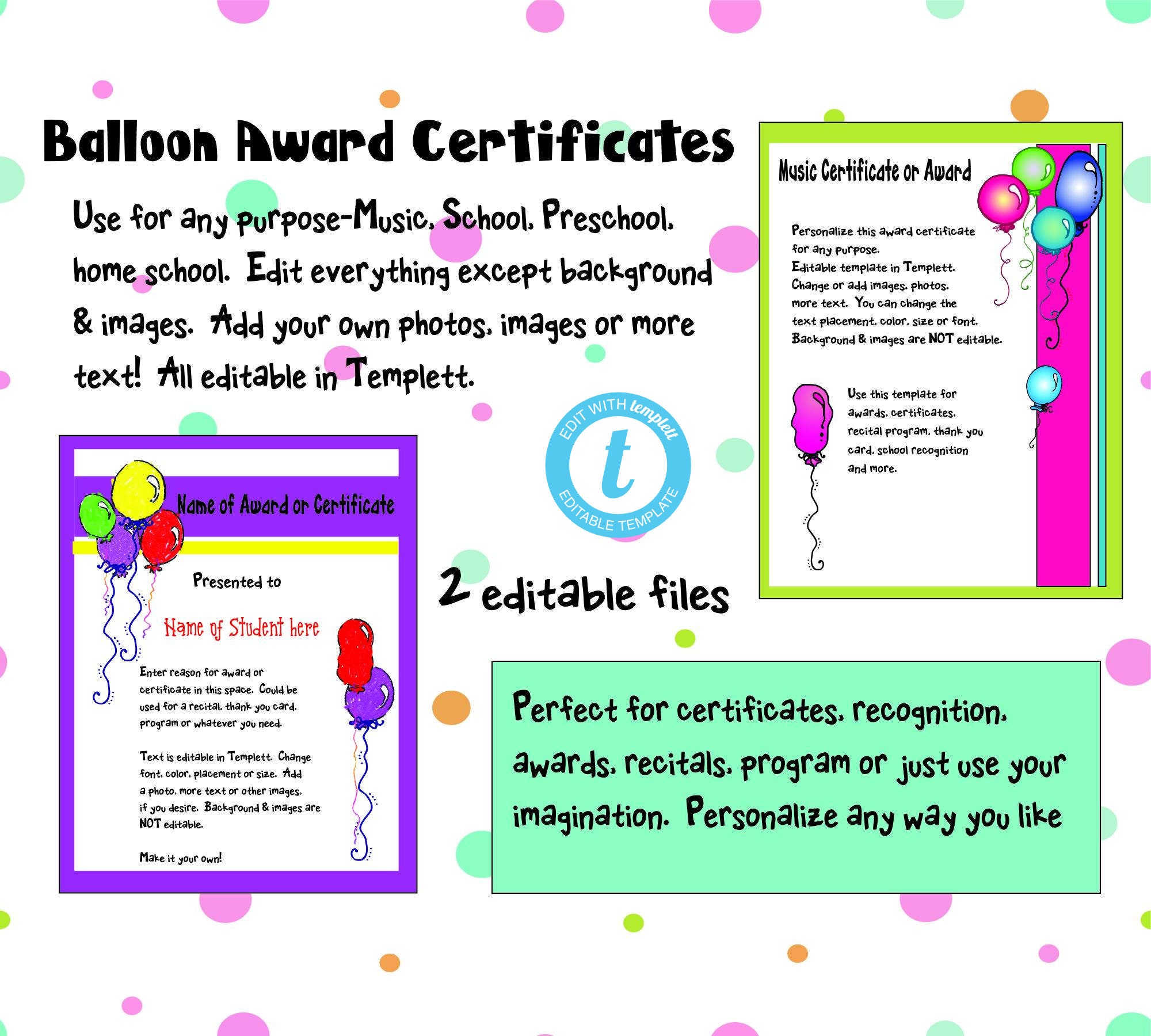 Balloon themed Award Certificates-Music-School-Home-All text | Etsy