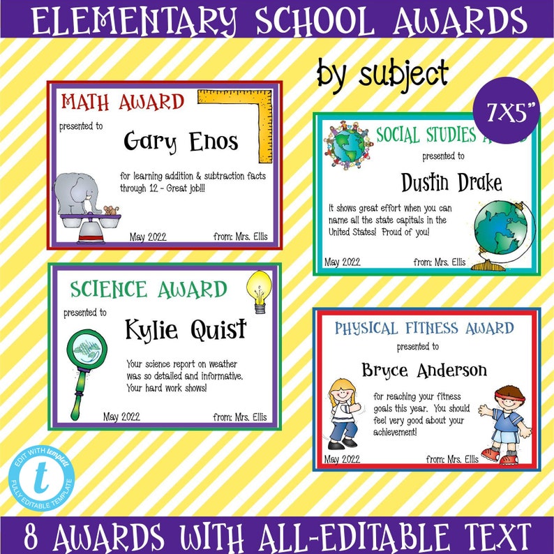 SCHOOL AWARD CERTIFICATES-8 Different Subjects-all 7x5-editable Text ...