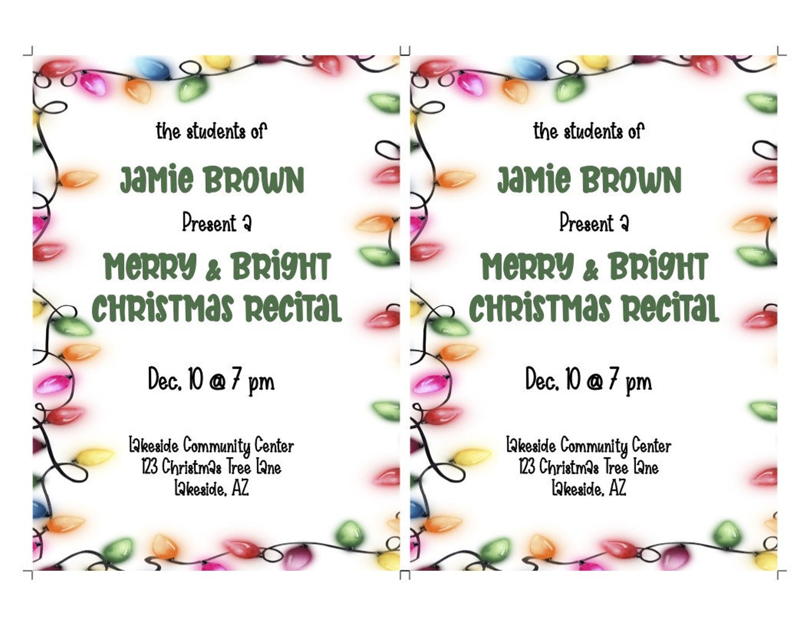 CHRISTMAS LIGHTS RECITAL Invitation-personalize by Changing Text in ...